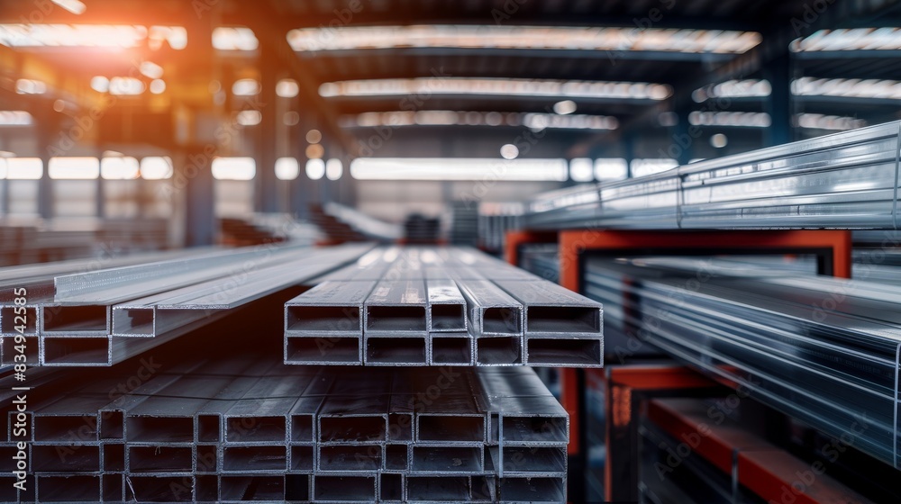 Close-up of stacked steel tubing in a manufacturing facility ...
