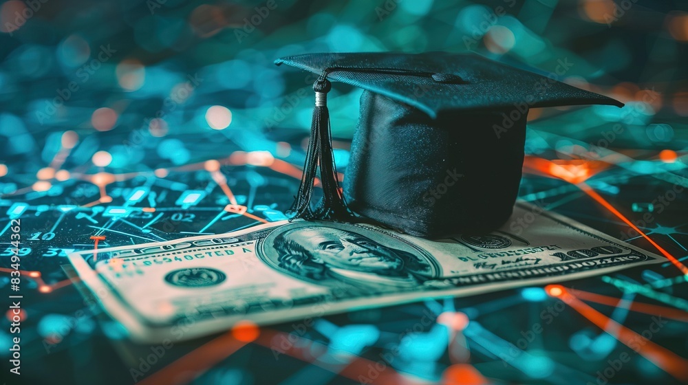 Graduation cap on saving dollar bill for concept finance and education ...