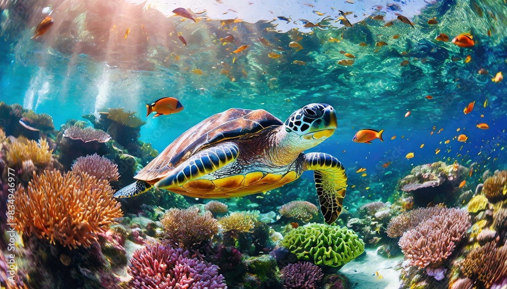 tropical coral reef.Turtle gliding through an underwater paradise with ...
