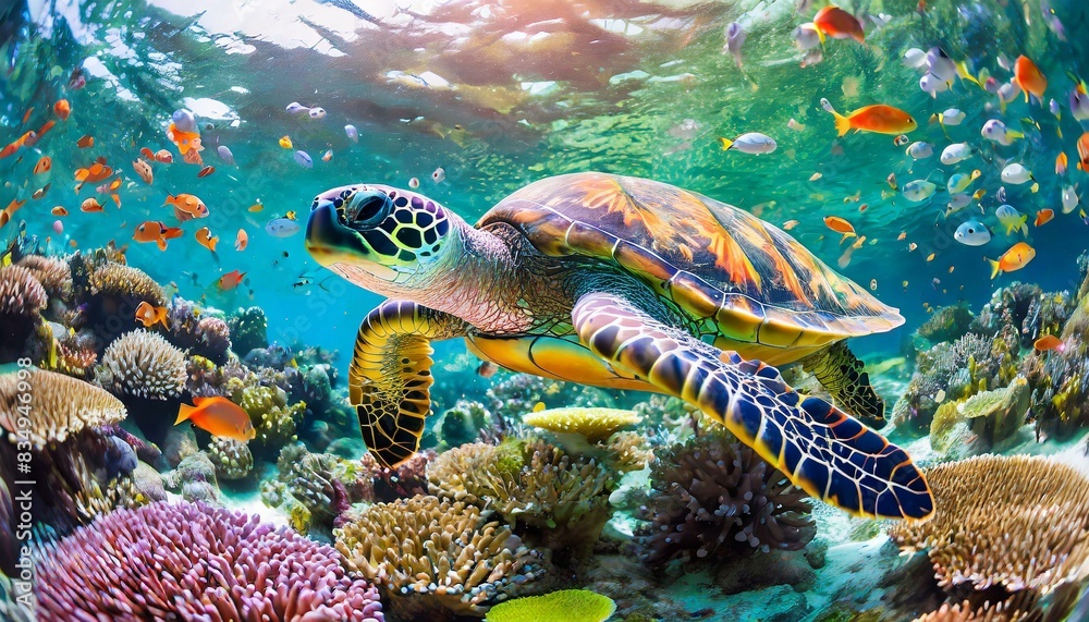 Turtle gliding through an underwater paradise with vibrant fish and sea ...