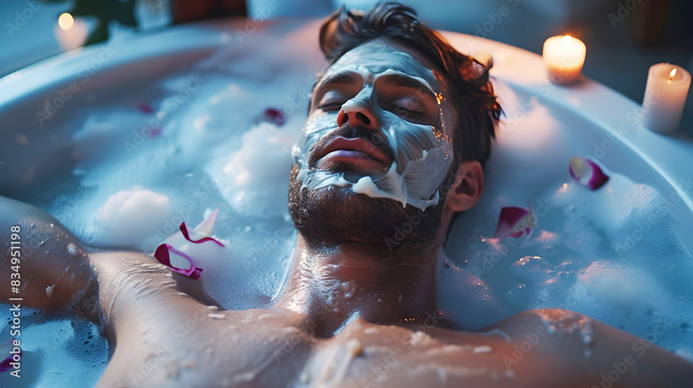 Relaxed man with a facial mask lies in a bubble bath surrounded by rose petals and candles ...