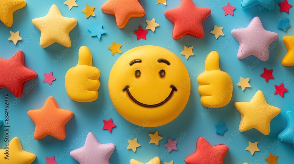 Smiley face surrounded by positive symbols, thumbs-up gestures, stars ...