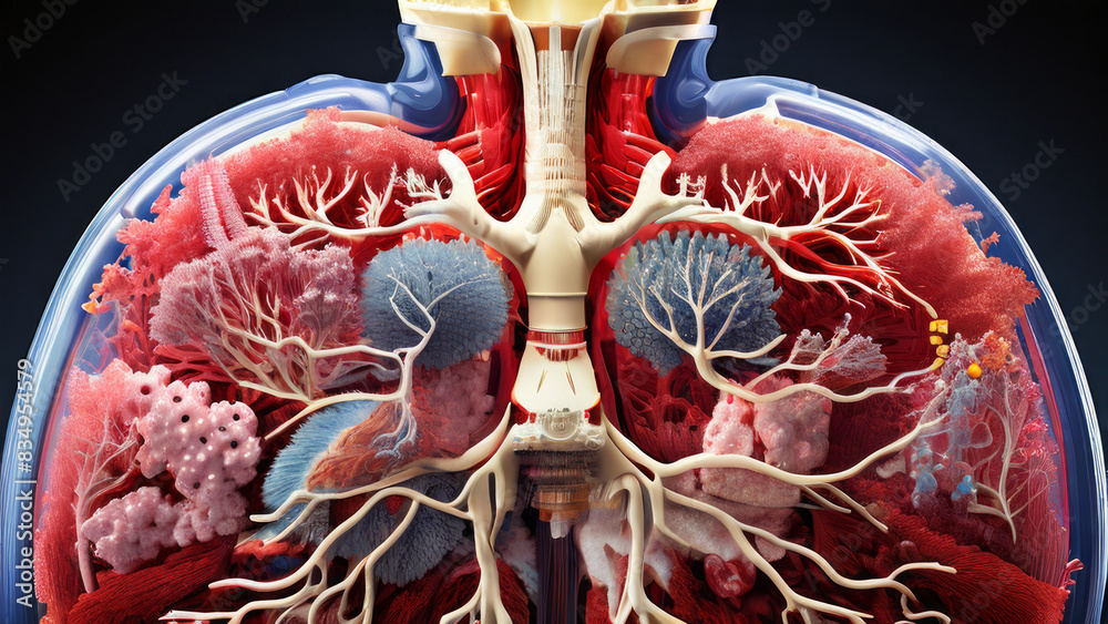 This is a detailed anatomical model of the human lungs. It is cut in ...