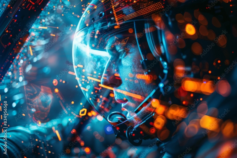 A pilot receiving flight instructions from a copilot close up, teamwork ...