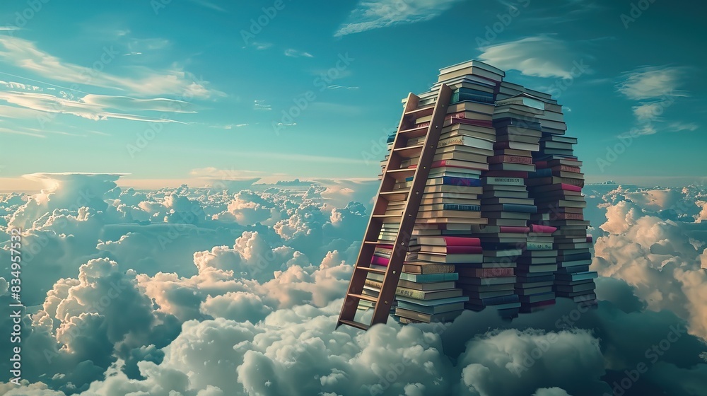 Abstract book stack with ladder on sky with clouds background. Ladder ...