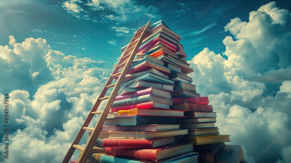 Abstract book stack with ladder on sky with clouds background. Ladder ...