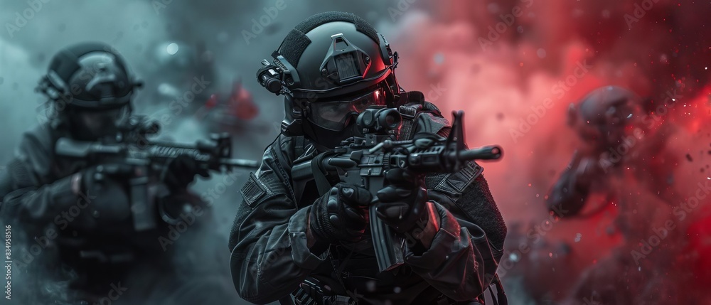 A police officer coordinating with a SWAT team for a highrisk operation ...