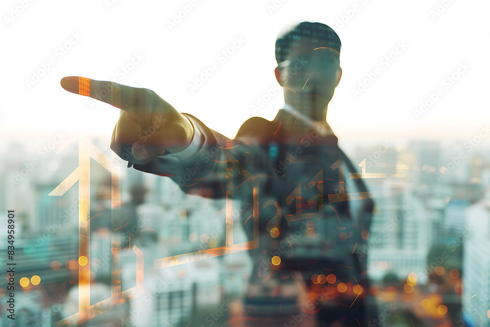 businessman hand pointing. directing body gestures. double exposure ...