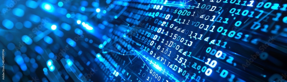 Abstract digital data code, bright blue lights and binary numbers. High-tech futuristic ...