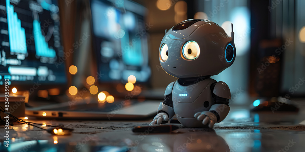 Cute Robot Toy on Desk with Data Analysis Screens" | "AI Assistant and ...