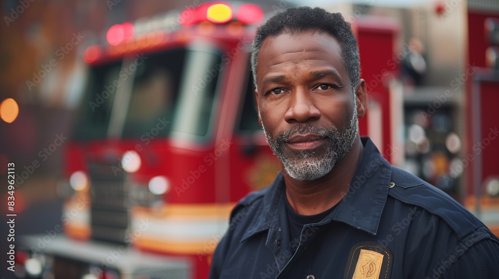 Middle-aged African American male firefighter in a clean uniform ...
