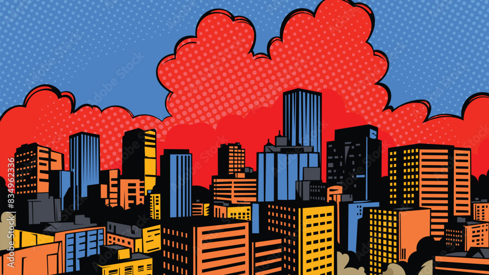 Comic book cartoon style city background. Comic cartoon style big city background, halftone ...