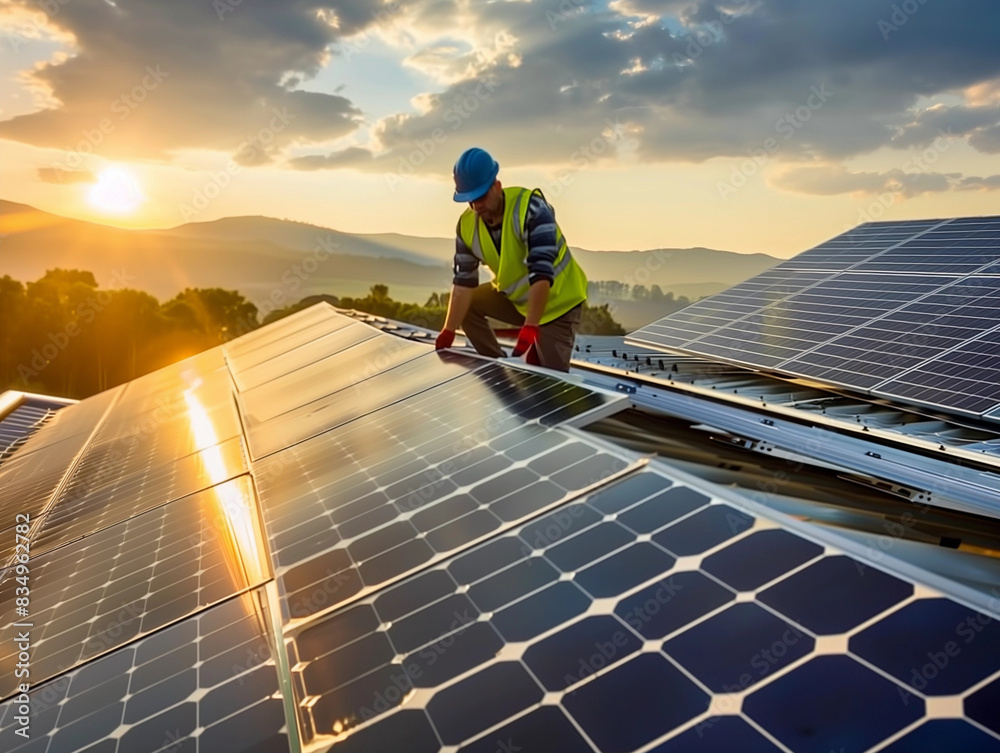 One man worker hard hat safety vest installs solar panels on home roof ...