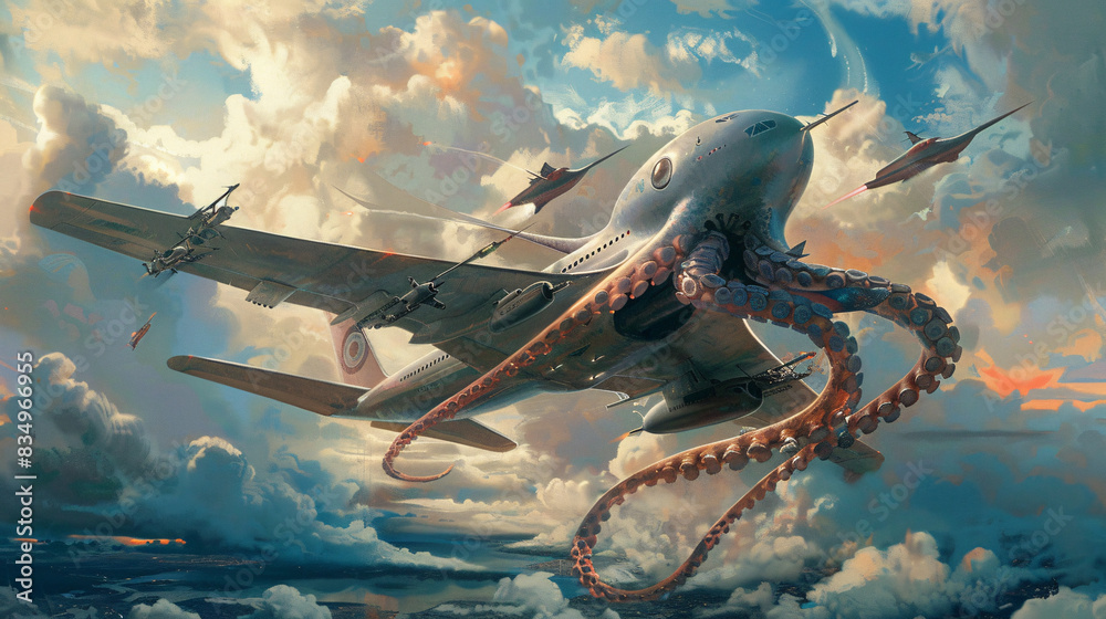 Rococo Pastel Scene: Futuristic Airplane Shaped like Giant Squid ...