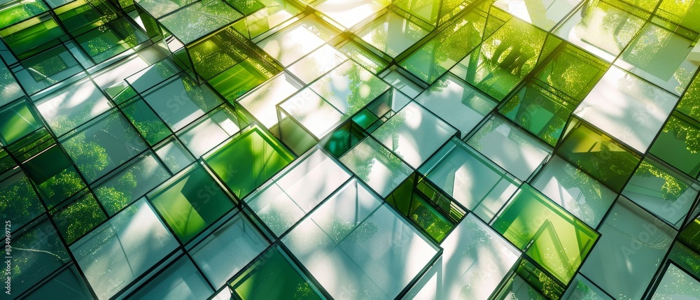 Green geometric shapes, overlapping to represent transparency and ...