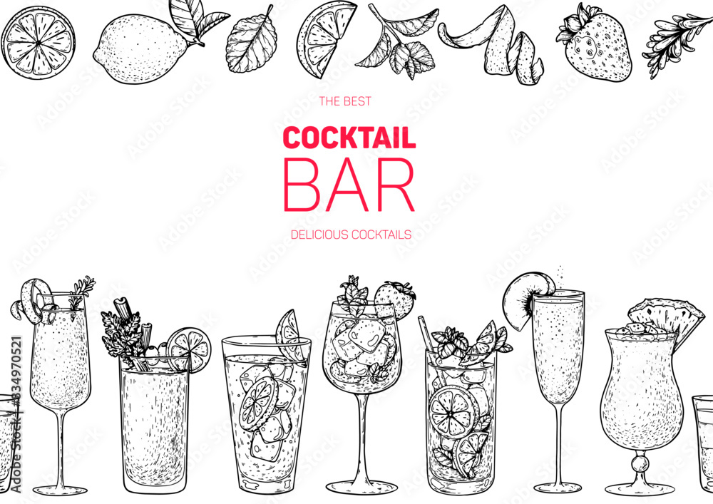 Alcoholic cocktails frame. Hand drawn vector illustration. Horizontal ...