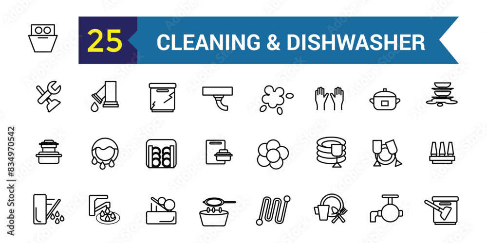 Cleaning and dishwasher icons set. Outline set of repair dishwasher ...