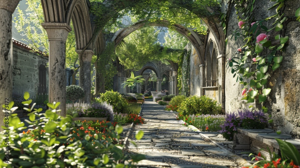 High-definition 3D render of an ancient monastery garden, with ...