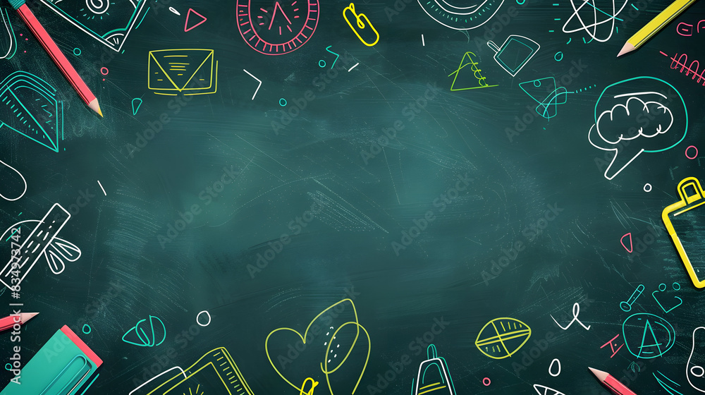 A chalkboard background with school icons and drawings, a paper clip on ...