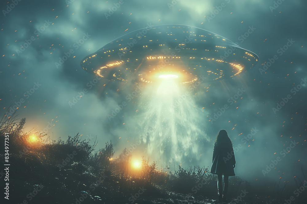 dramatic scene of alien abduction beam of light hovering UFO lifting ...