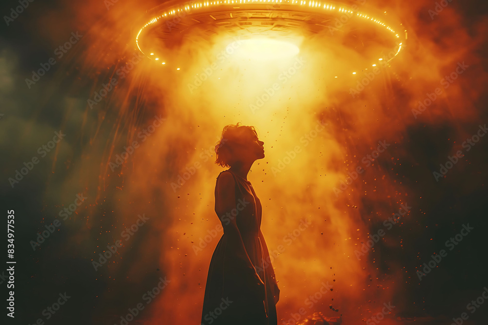 dramatic scene of alien abduction beam of light hovering UFO lifting ...