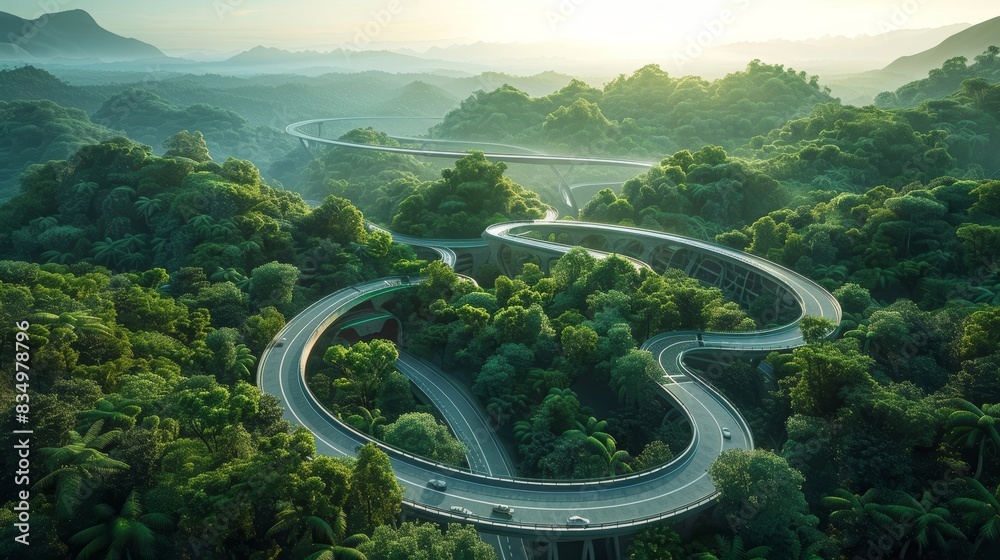 Sustainable transportation routes, green energy pathways, aerial view ...