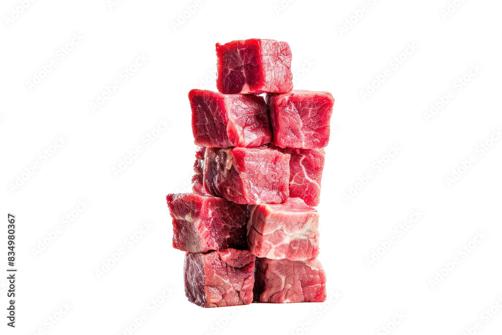 Raw beef meat cubes scattered across a white surface, like dice on a ...