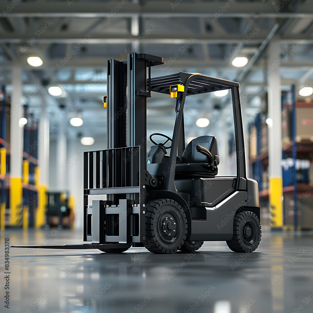 Forklift in a large warehouse. Retail product distribution center with ...