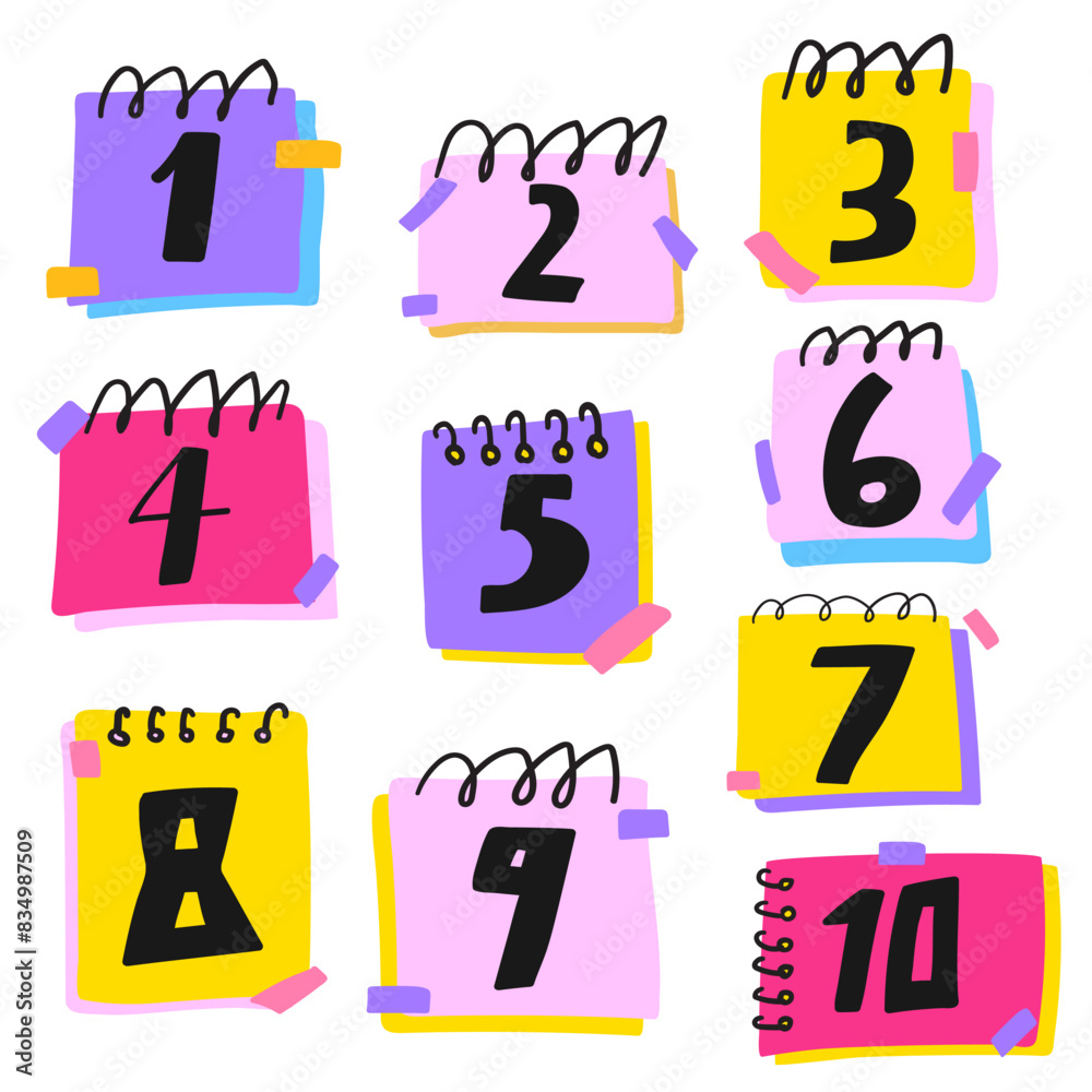 Paper notes with numbers 1 - 10. Colorful flat design. Learning to ...