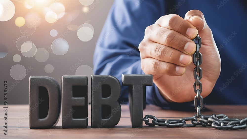 Debt depicted with hand holding chain and weight labeled "Debt" in ...