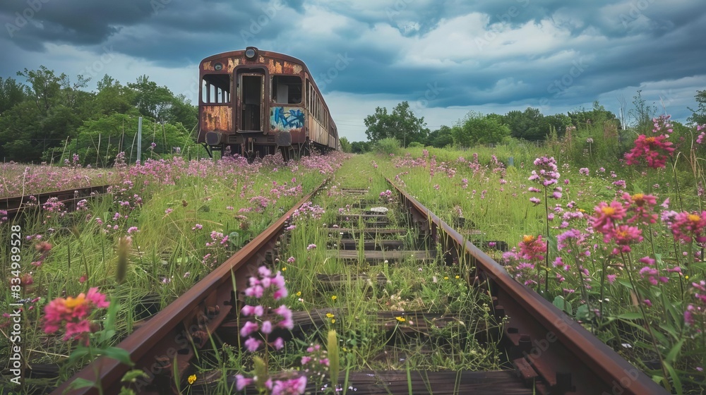 abandoned railroad track overgrown with wildflowers rusted vintage ...