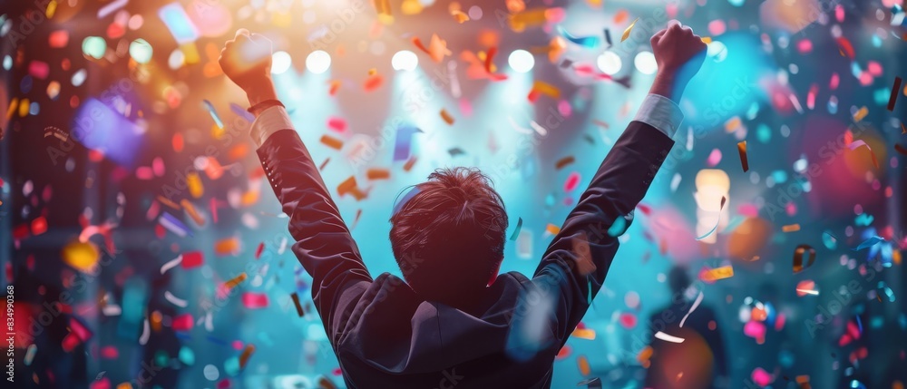 A salesperson celebrating a successful quarter with the sales team ...