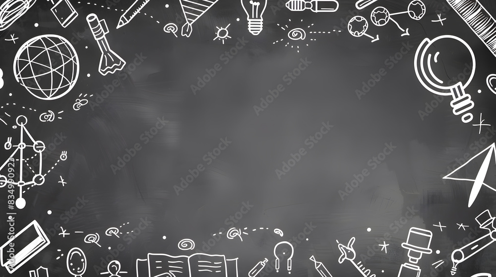 Blackboard background with school icons and chalk drawing symbols for ...