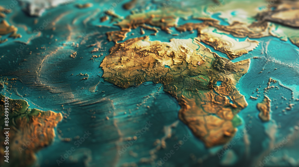 Colorful relief and three-dimensional world geographical map, featuring ...