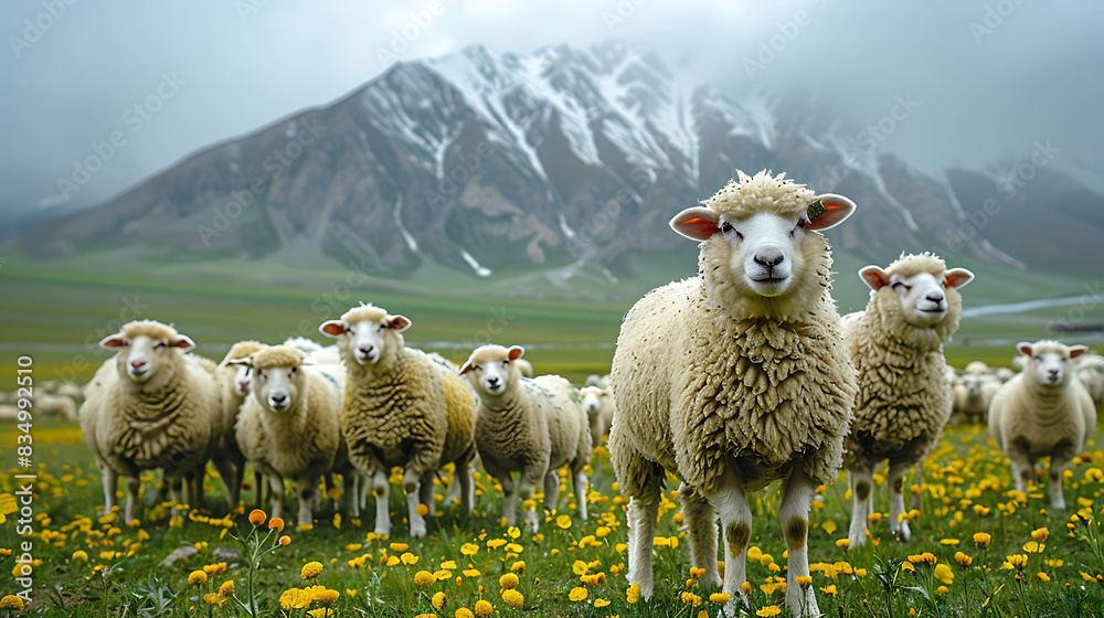 flock of lambs grazing peacefully in a green meadow on EidalAdha ...