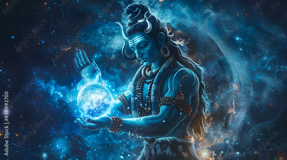 Cinematic illusion of Lord Shiva's in space universe, holding a glowing ...