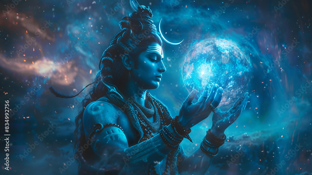 Cinematic illusion of Lord Shiva's in space universe, holding a glowing ...