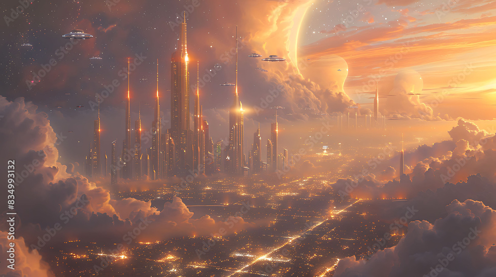 galactic scene of alien civilization towering structure advanced technology illuminated light of ...