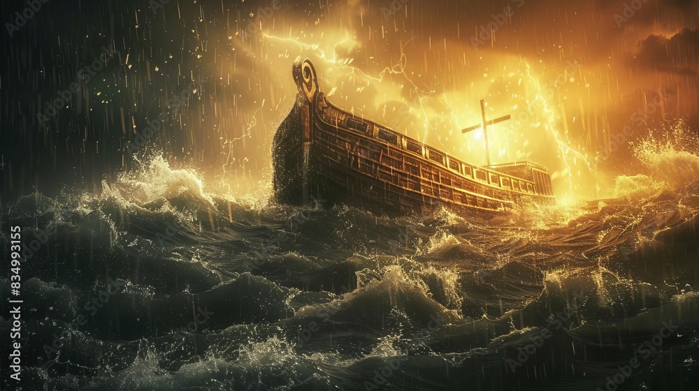 biblical scene of noahs ark amidst heavy rain and flood dramatic stormy sky religious ...