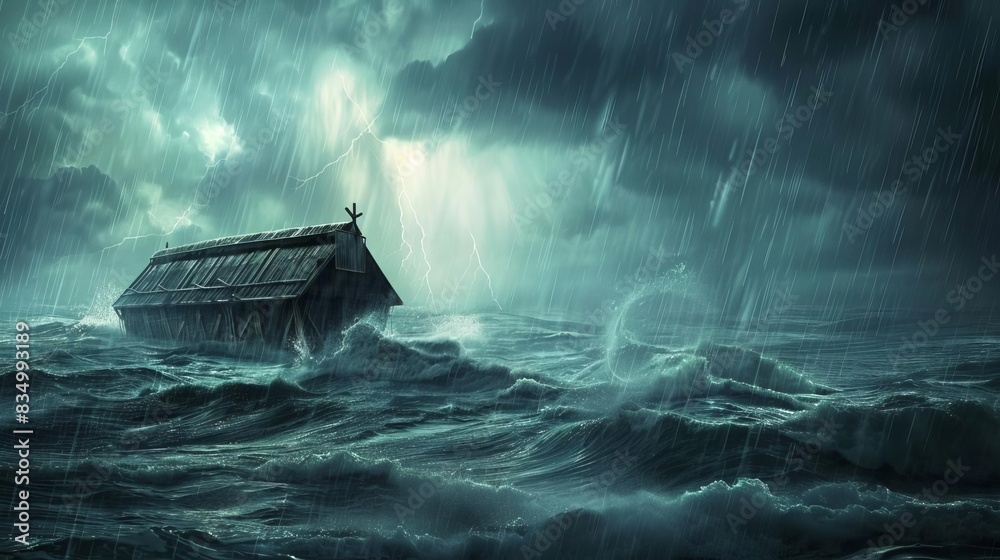 biblical scene of noahs ark amidst heavy rain and flood dramatic stormy ...
