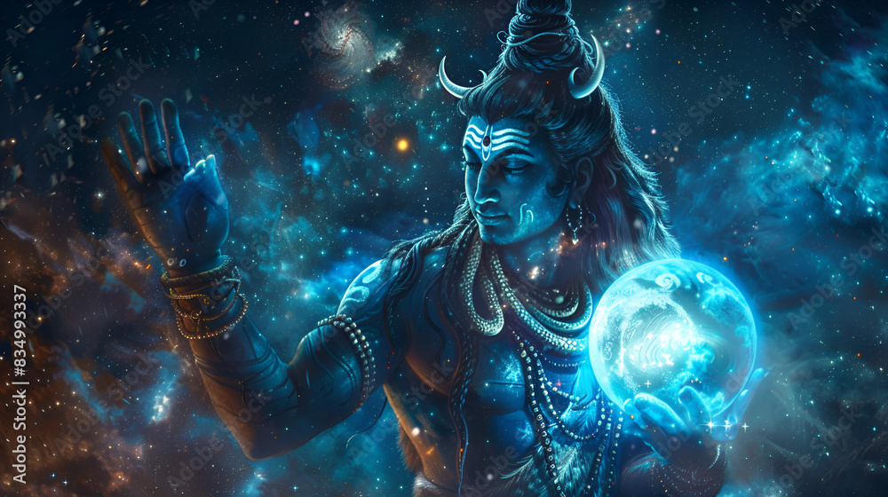 Cinematic illusion of Lord Shiva's in space universe, holding a glowing ...