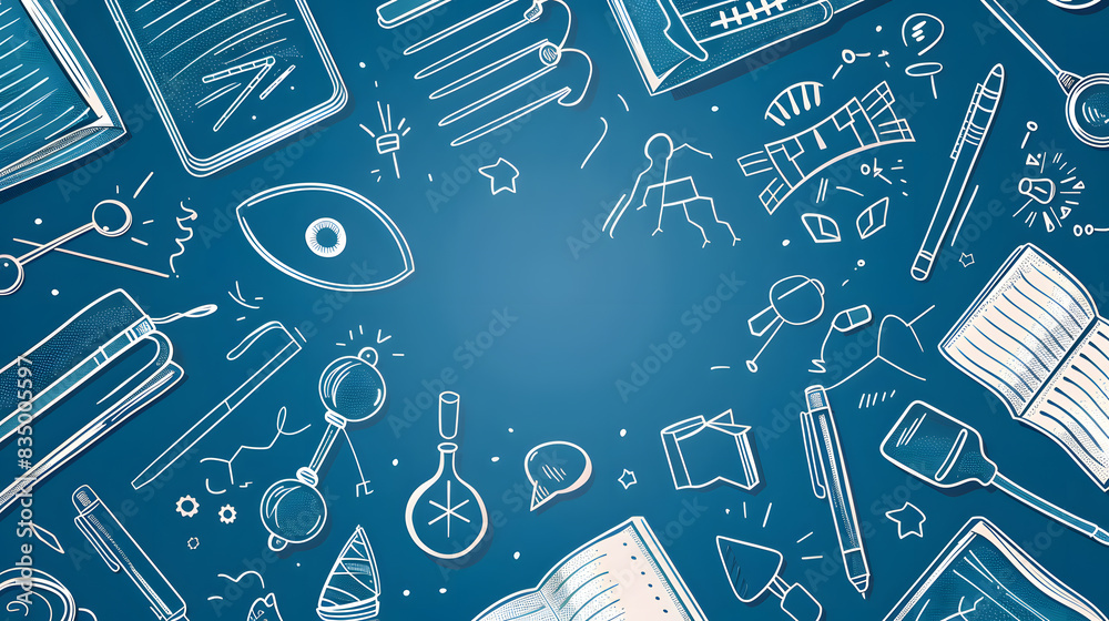 School elements pattern background, white line drawing on blue paper ...