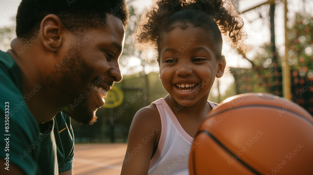 Happy black father & daughter playing basketball on a court outdoors ...
