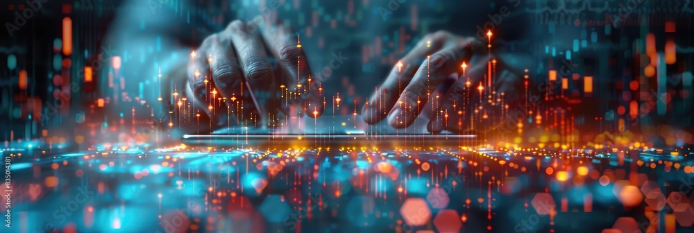 Hands typing on a futuristic, holographic keyboard with data and ...