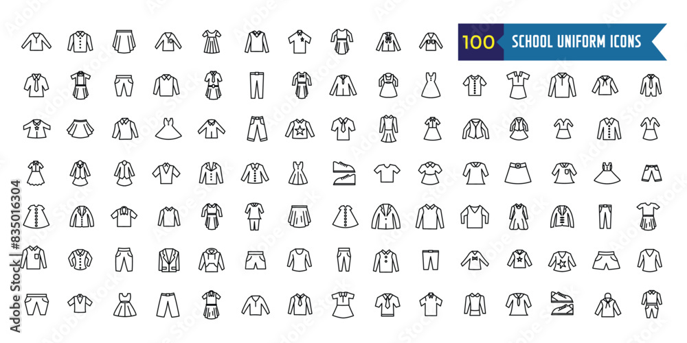 School uniform icons set. Outline set of school uniform vector icons ...