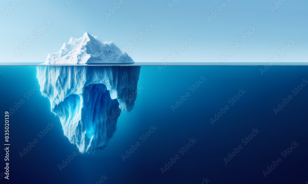 An iceberg above and below water on a clear blue ocean background ...