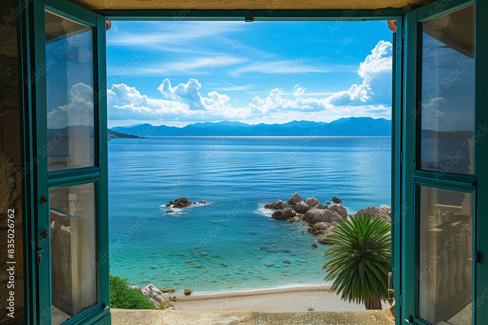 Beautiful seascape from balcony room with wide open window in Ajaccio ...