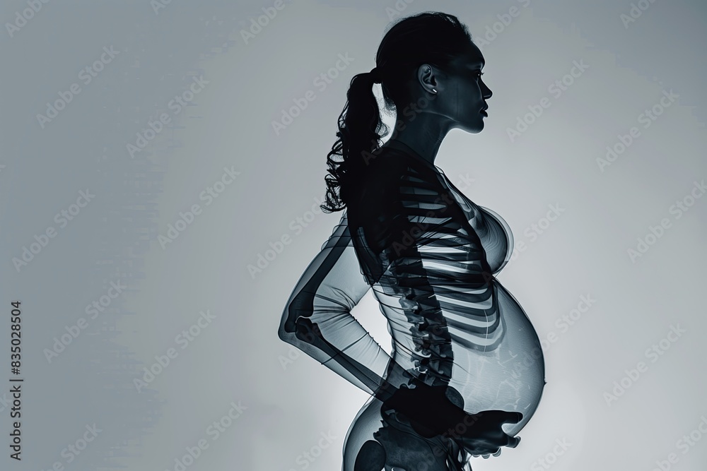 A pregnant woman's silhouette is seen through an X-ray. Utero. Roentgenogram. Pregnancy. X-ray ...