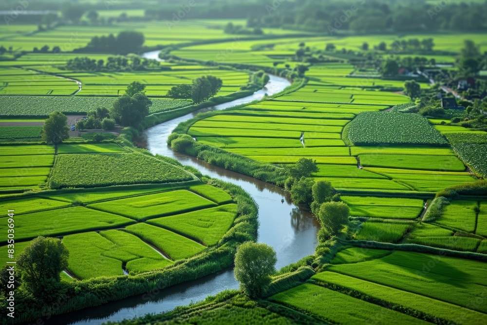 Aerial view of cultivated agricultural farming land with vivid green ...