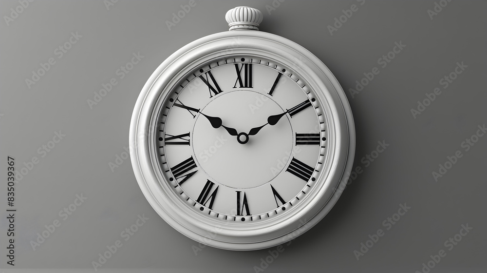 white clock details frontal view isolated on a grey limbo background ...